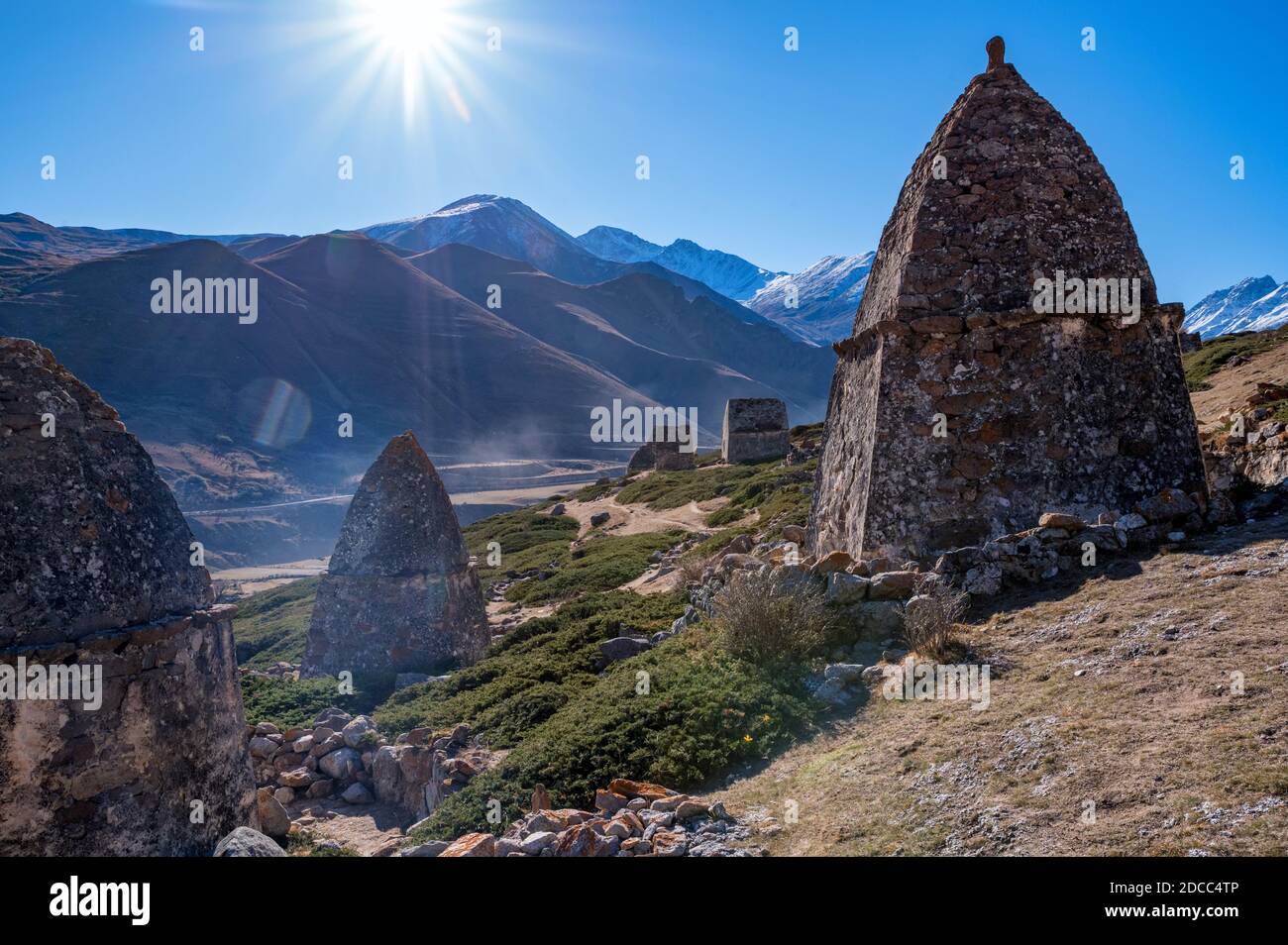 Tree and medieval tombs in City of Dead near Eltyulbyu, Russia Stock ...