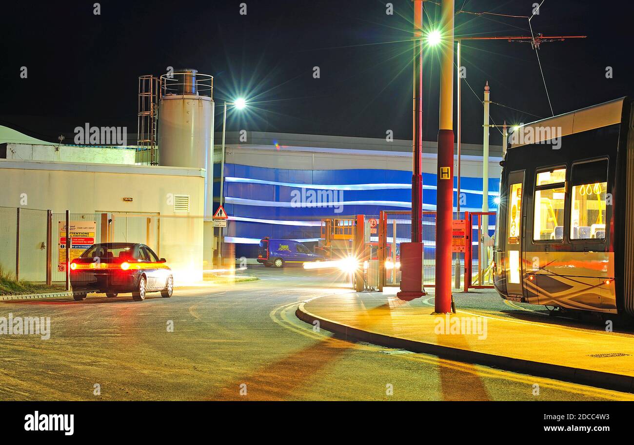Blackpool tram terminus at Starr Gate depot at night Stock Photo - Alamy