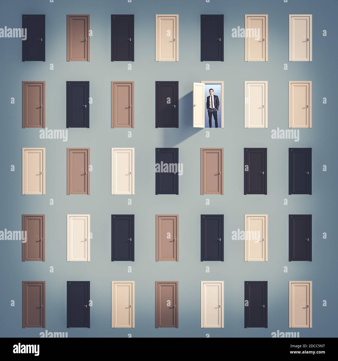 many different doors, open door with smiling businessman. Concept of ...