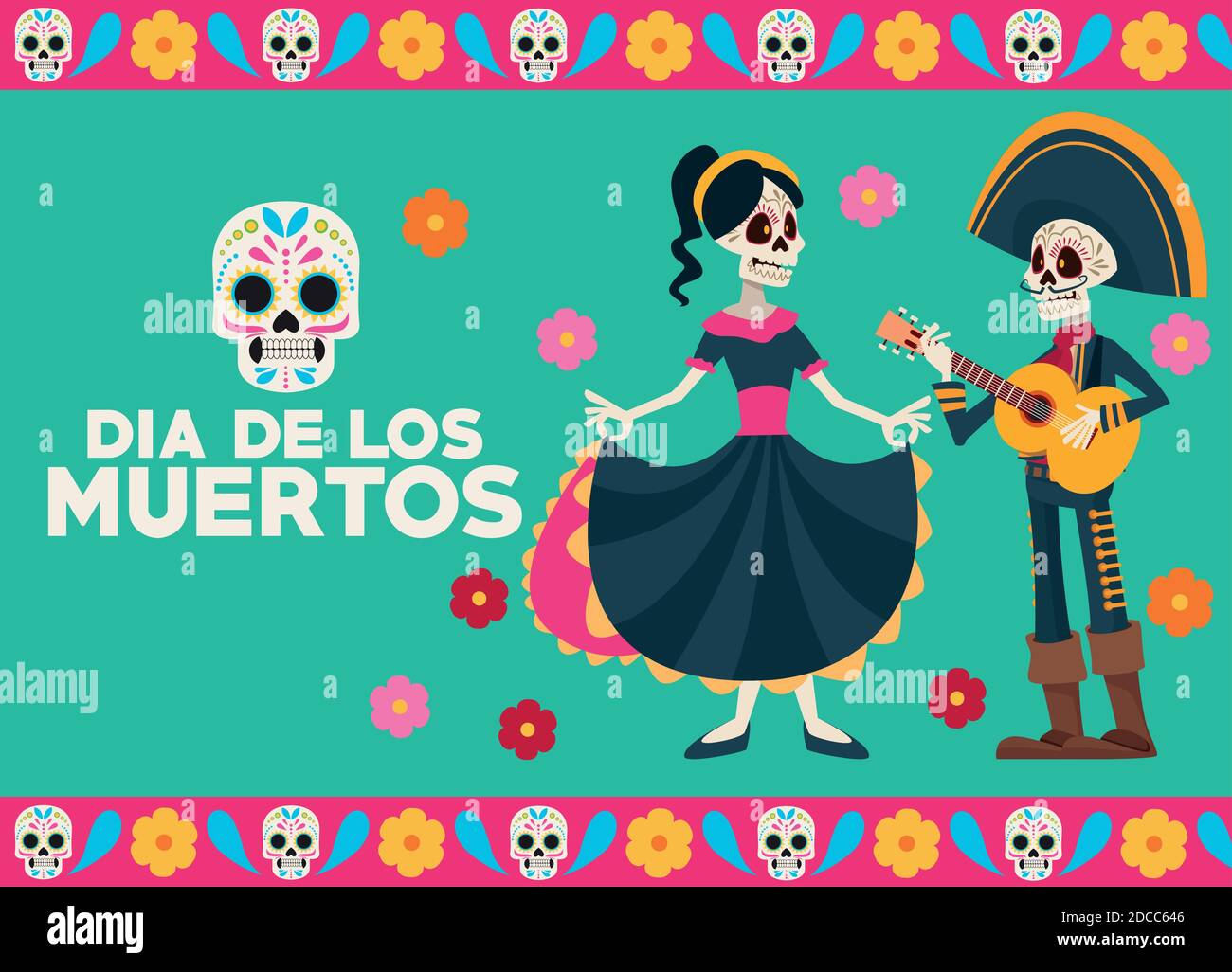 dia de los muertos celebration lettering card with skeletons couple ...