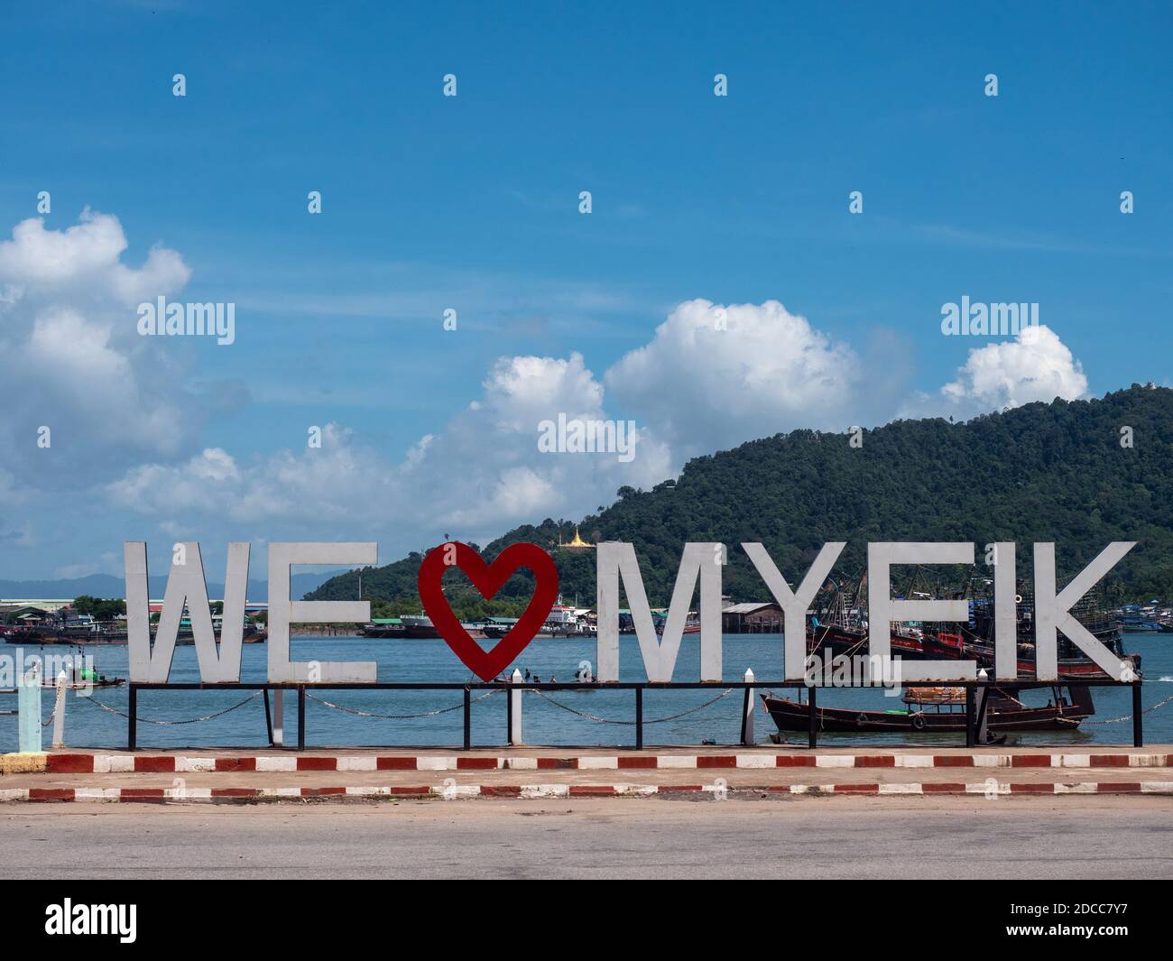 I sign saying I LOVE MYEIK at the waterfront in Myeik, Tanintharyi ...