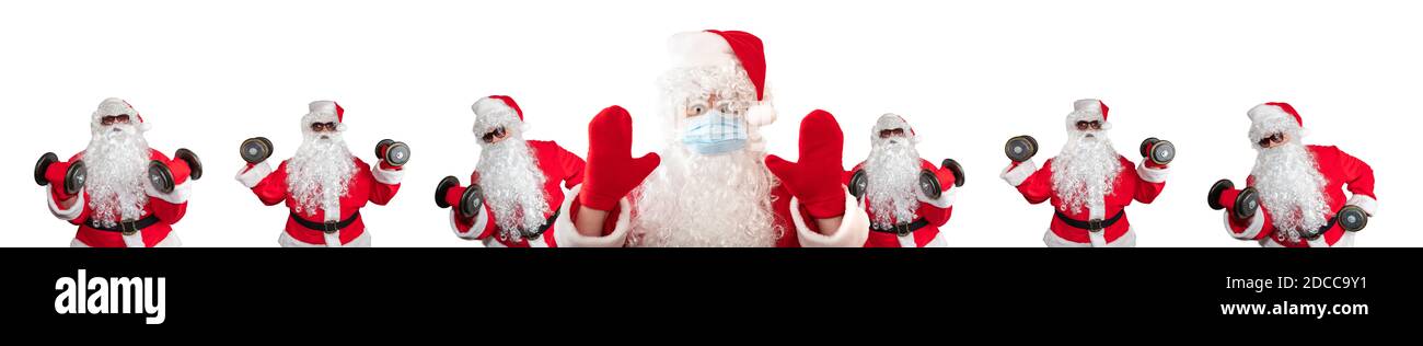 Santa Claus wearing a medical mask, having his both hands up, eyes wide ...
