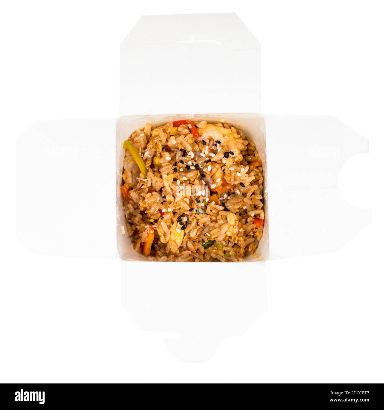 top view of chinese fast food - fried rice with battered prawns in ...