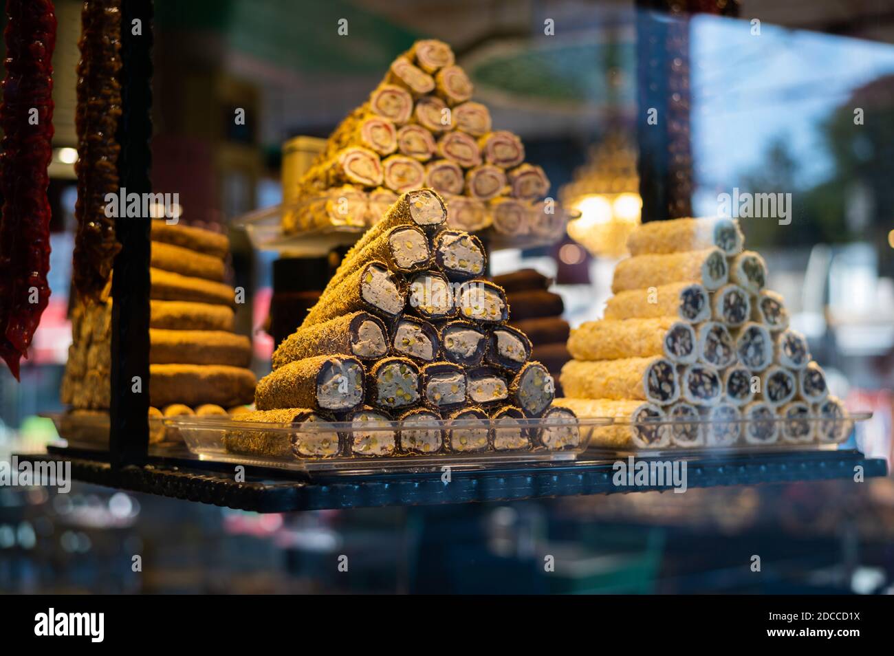 Traditional delicious turkish desserts in the shop window showcase ...
