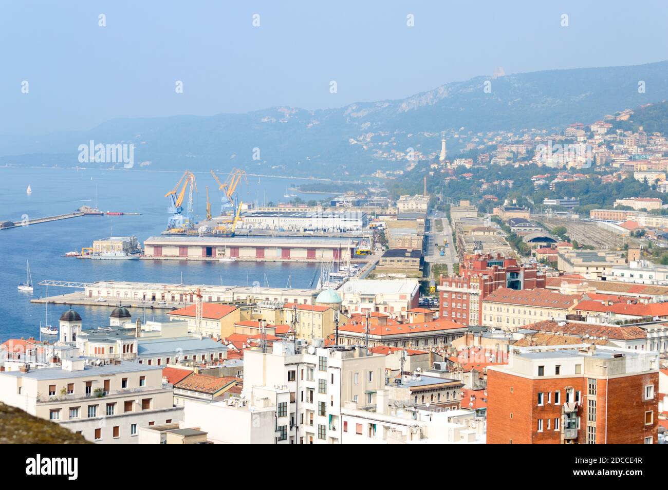 Aerial view of the city of Trieste with its old harbor under renovation ...