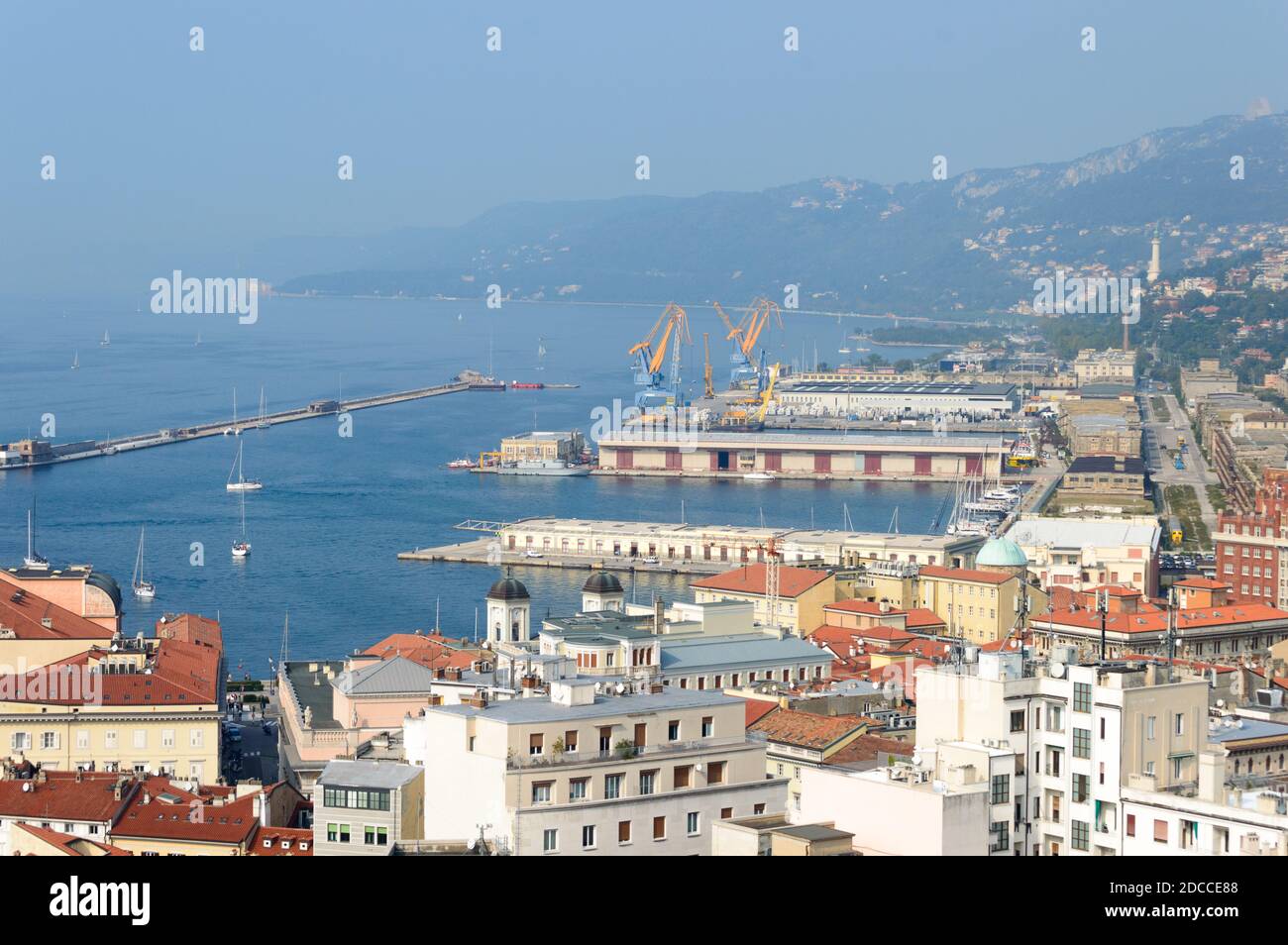 Aerial view of the city of Trieste with its old harbor under renovation ...