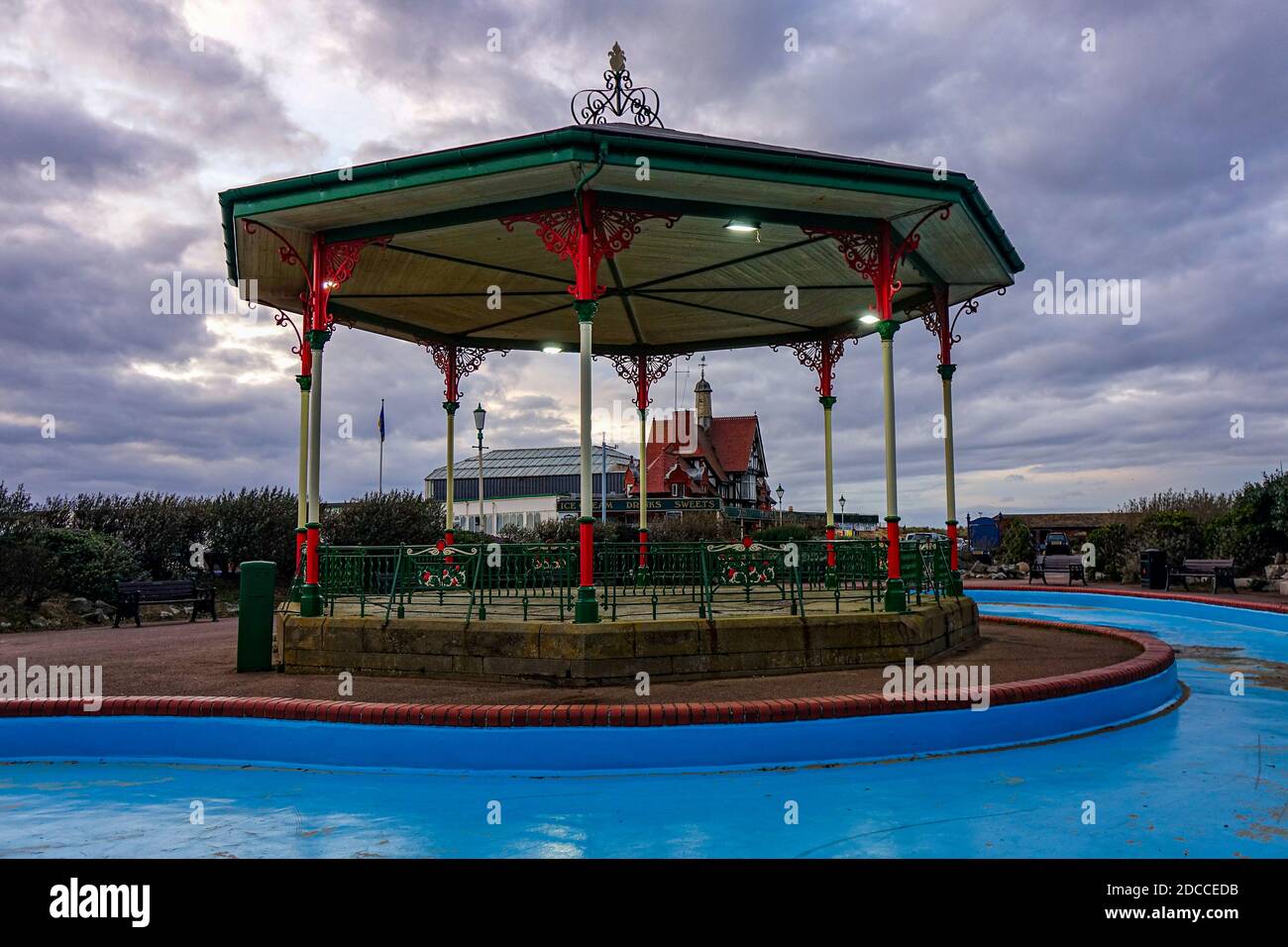 Promenade seafront at St Annes showing Boating pool, Bandstand and Pier ...