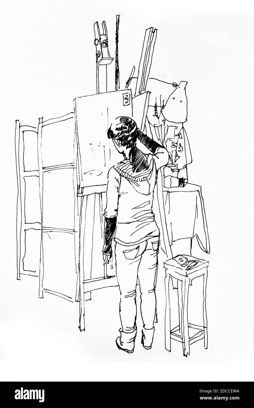 Young woman drawing in a studio line art sketch Stock Photo - Alamy