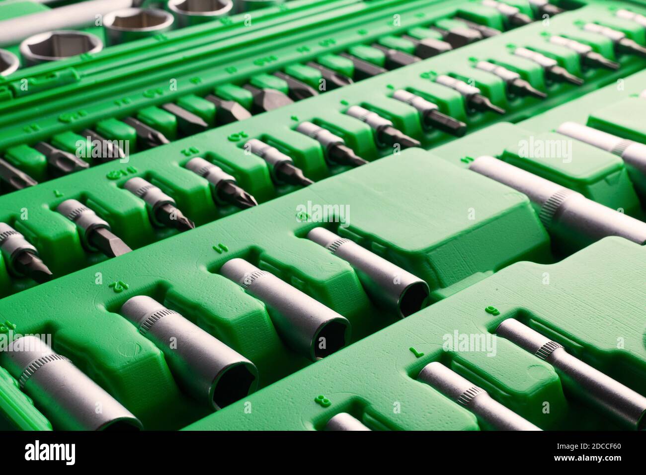 Mechanics Tool Set and Mechanic's Tool Box close-up. Plastic green ...