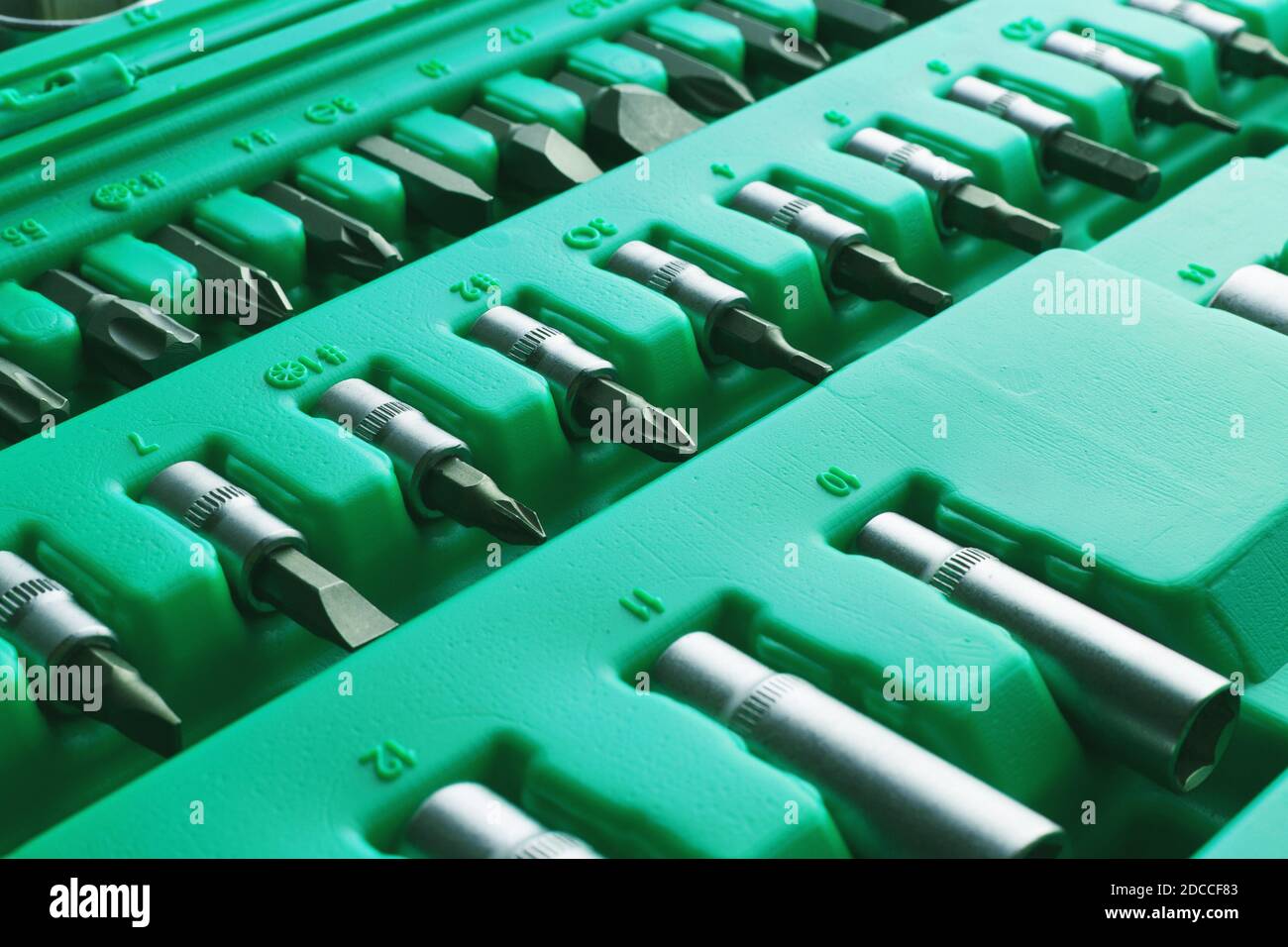 Mechanics Tool Set and Mechanic's Tool Box close-up. Plastic green ...