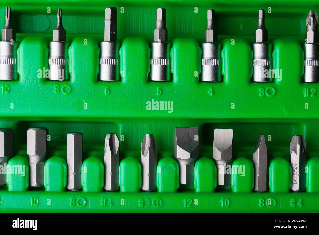 Mechanics Tool Set and Mechanic's Tool Box close-up. Plastic green ...