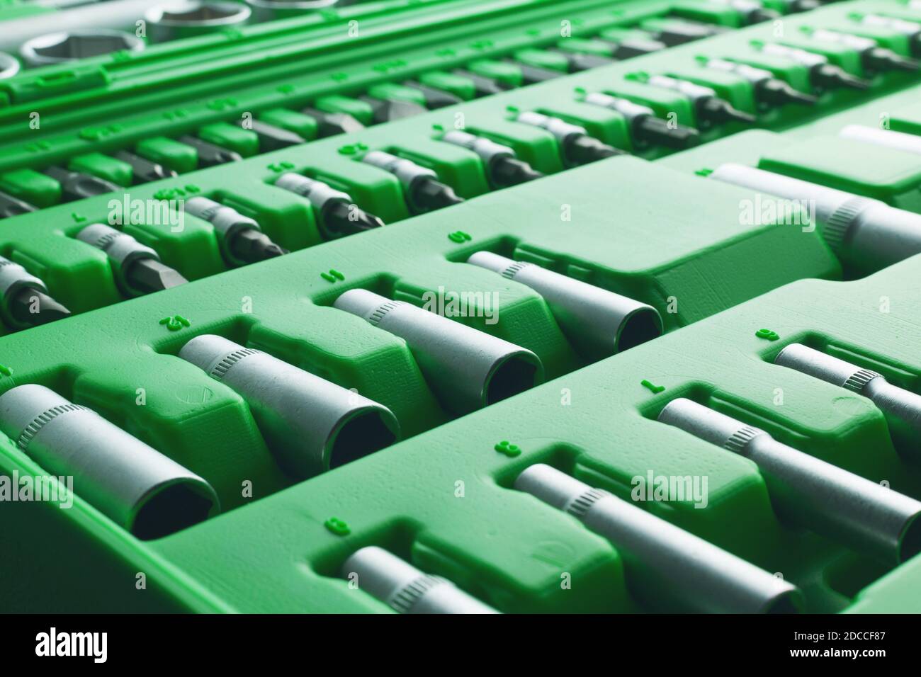 Mechanics Tool Set and Mechanic's Tool Box close-up. Plastic green ...