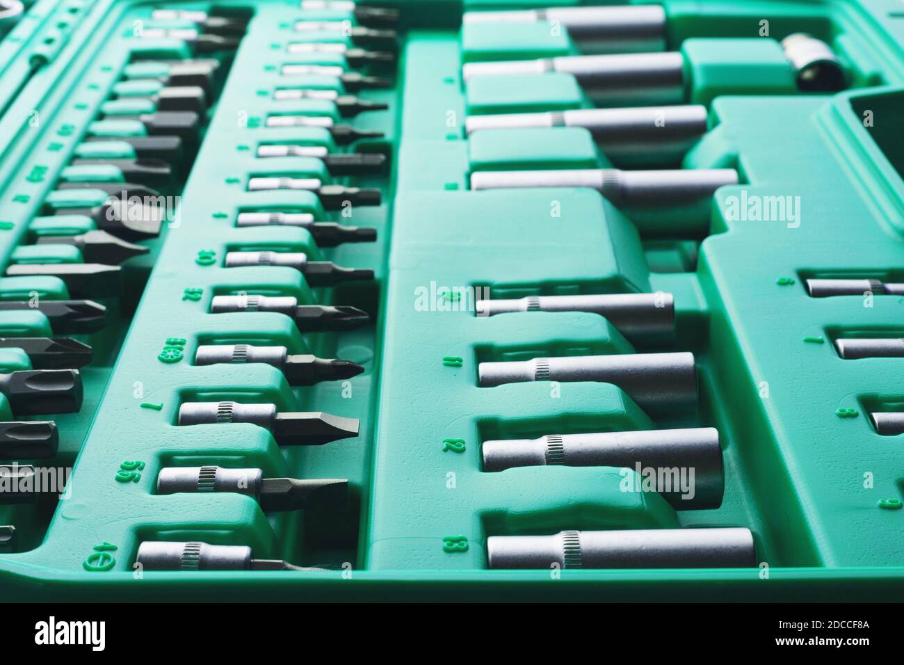 Mechanics Tool Set and Mechanic's Tool Box close-up. Plastic green ...