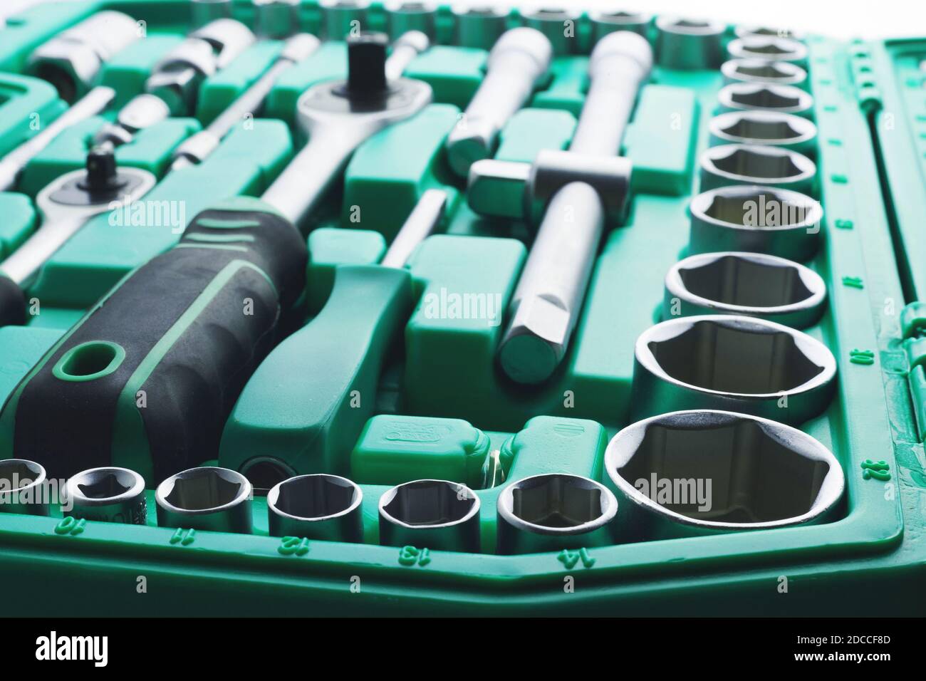 Mechanics Tool Set and Mechanic's Tool Box close-up. Plastic green ...