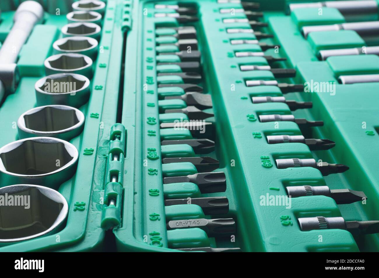 Mechanics Tool Set and Mechanic's Tool Box close-up. Plastic green ...