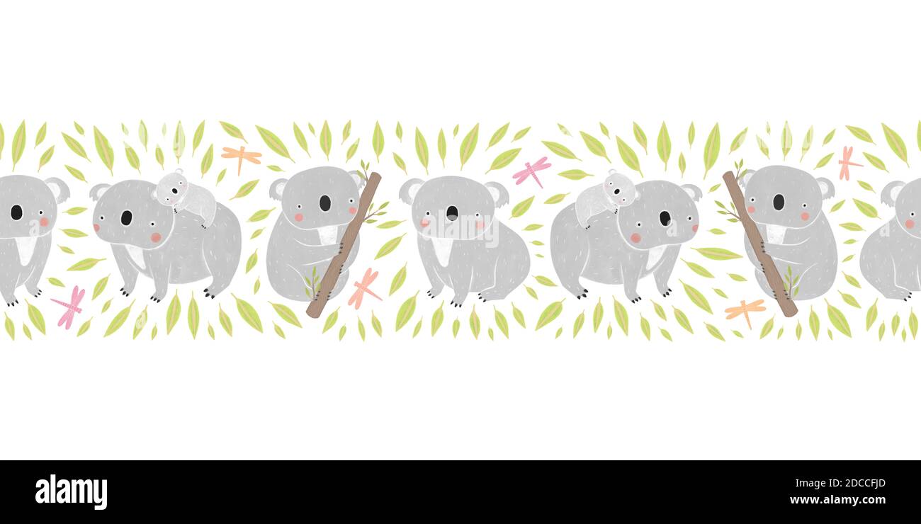 Seamless border with funny koalas. Cute koalas, dragonflies and leaves ...