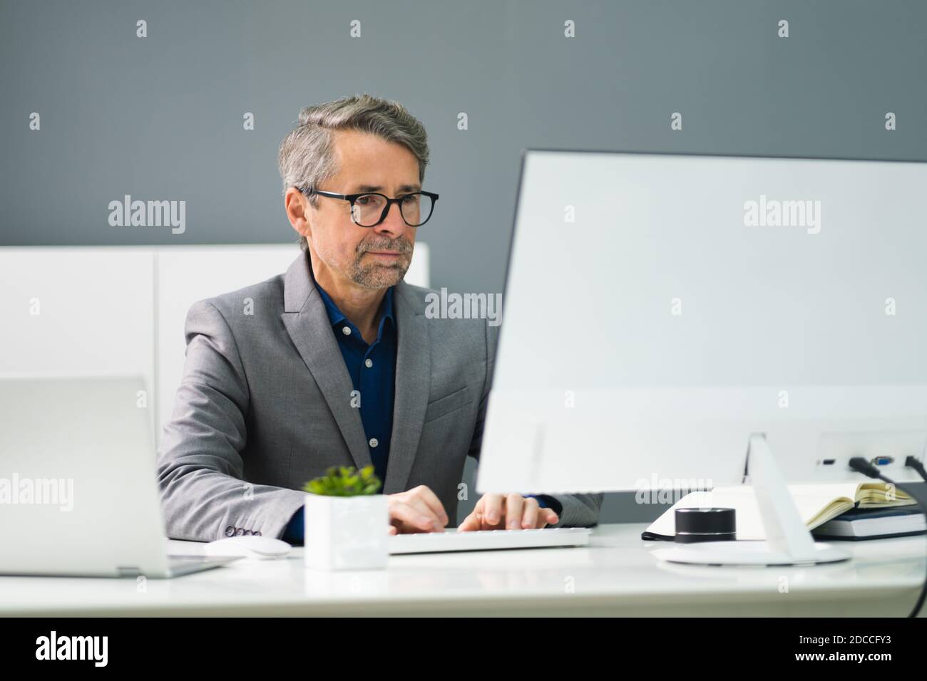 Happy Professional Man Employee Using Computer For Work Stock Photo - Alamy
