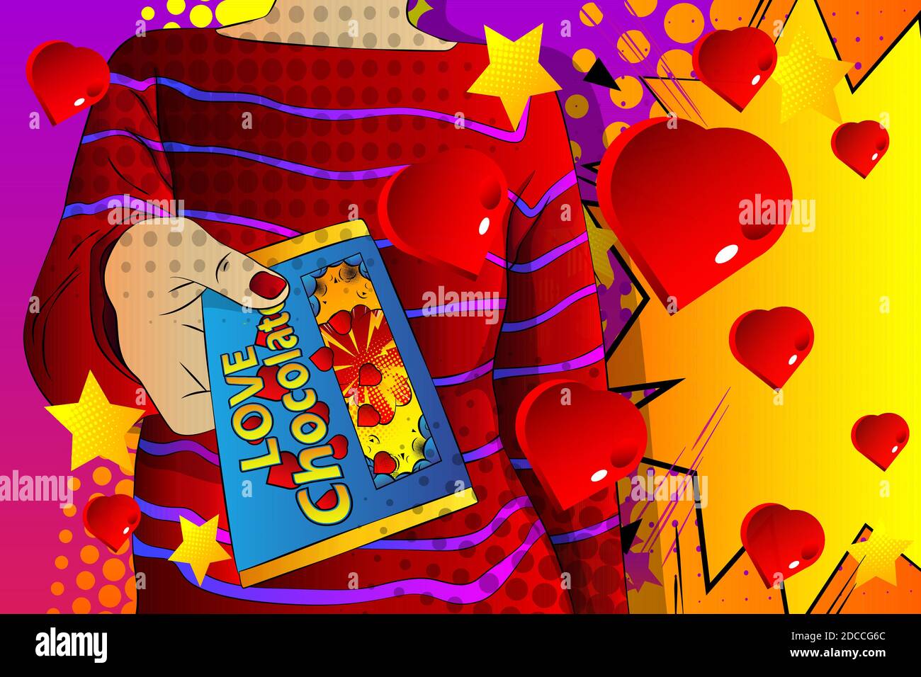 Close-up of a woman's hands holding wrapped chocolate bar. Girl wearing ...