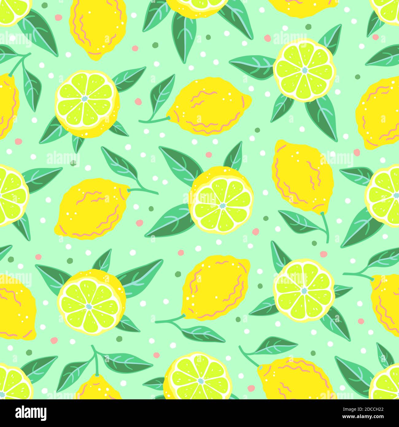 Ripe yellow fruits and leaves of lemon. Seamless pattern with citrus. Vector illustration Stock ...