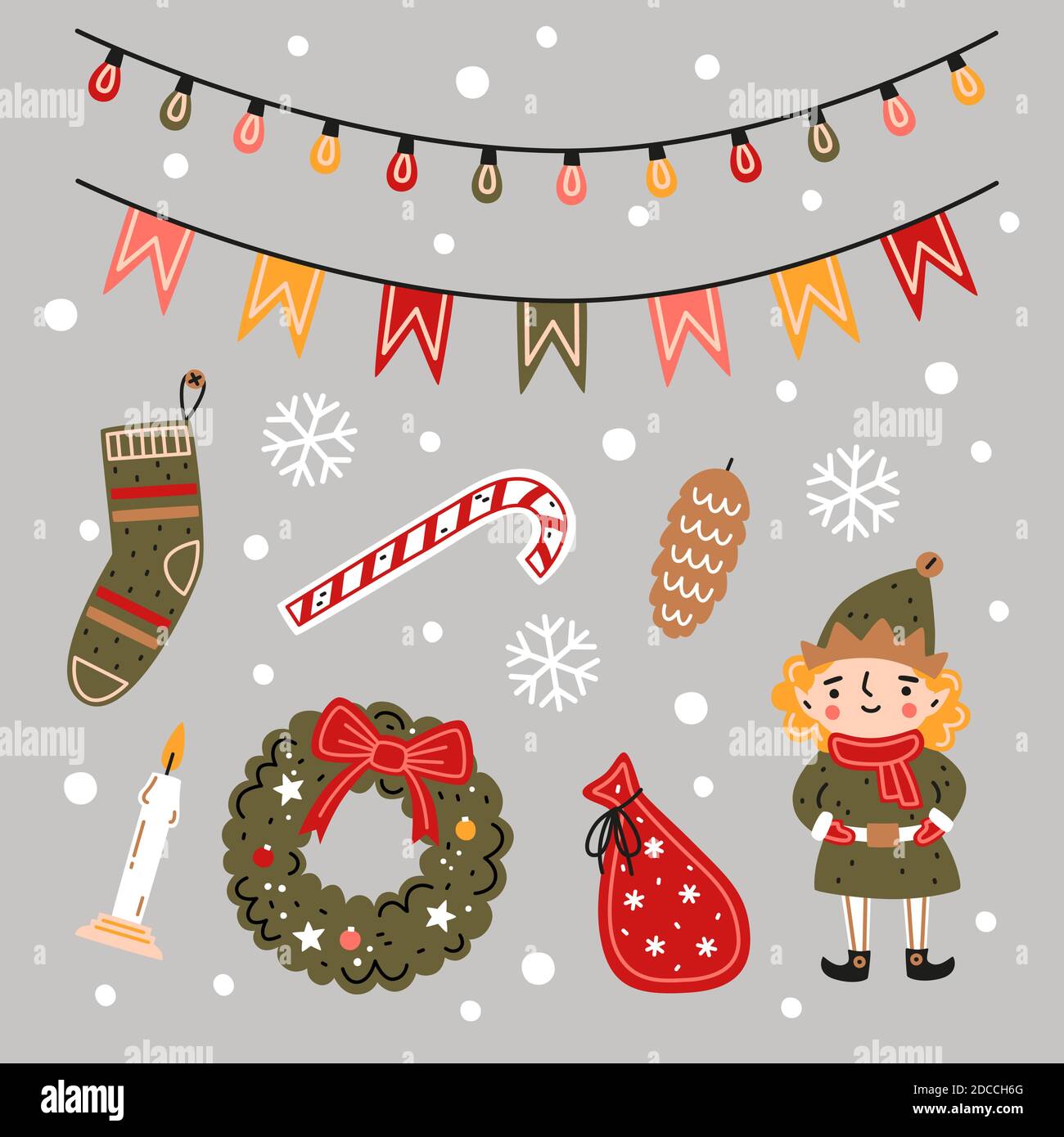 Christmas set. Flat vector illustration. Christmas elf, advent wreath ...