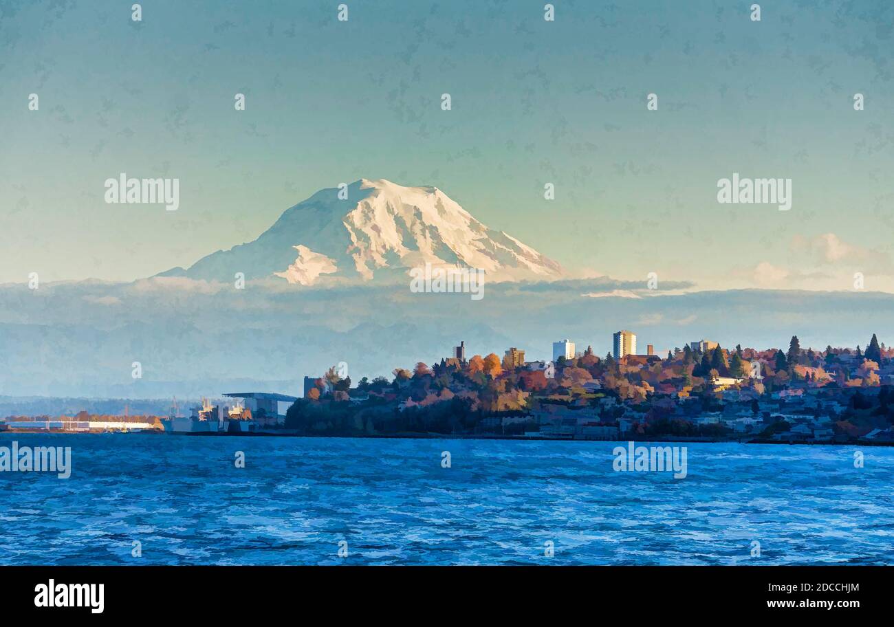 An illustration of Mount Rainier from Ruston, Washington Stock Photo ...