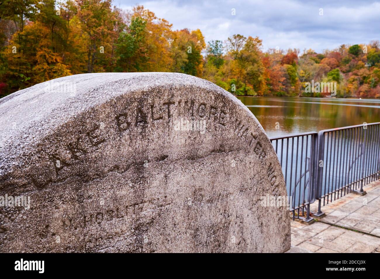 An old stone marker for Water Work at the dam at the Lake Roland ...