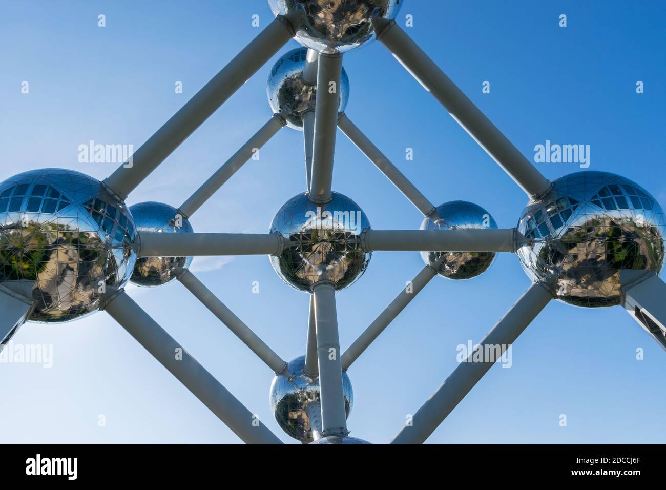 Panoramic view of Atomium from below. Atomium is a historical tourist ...
