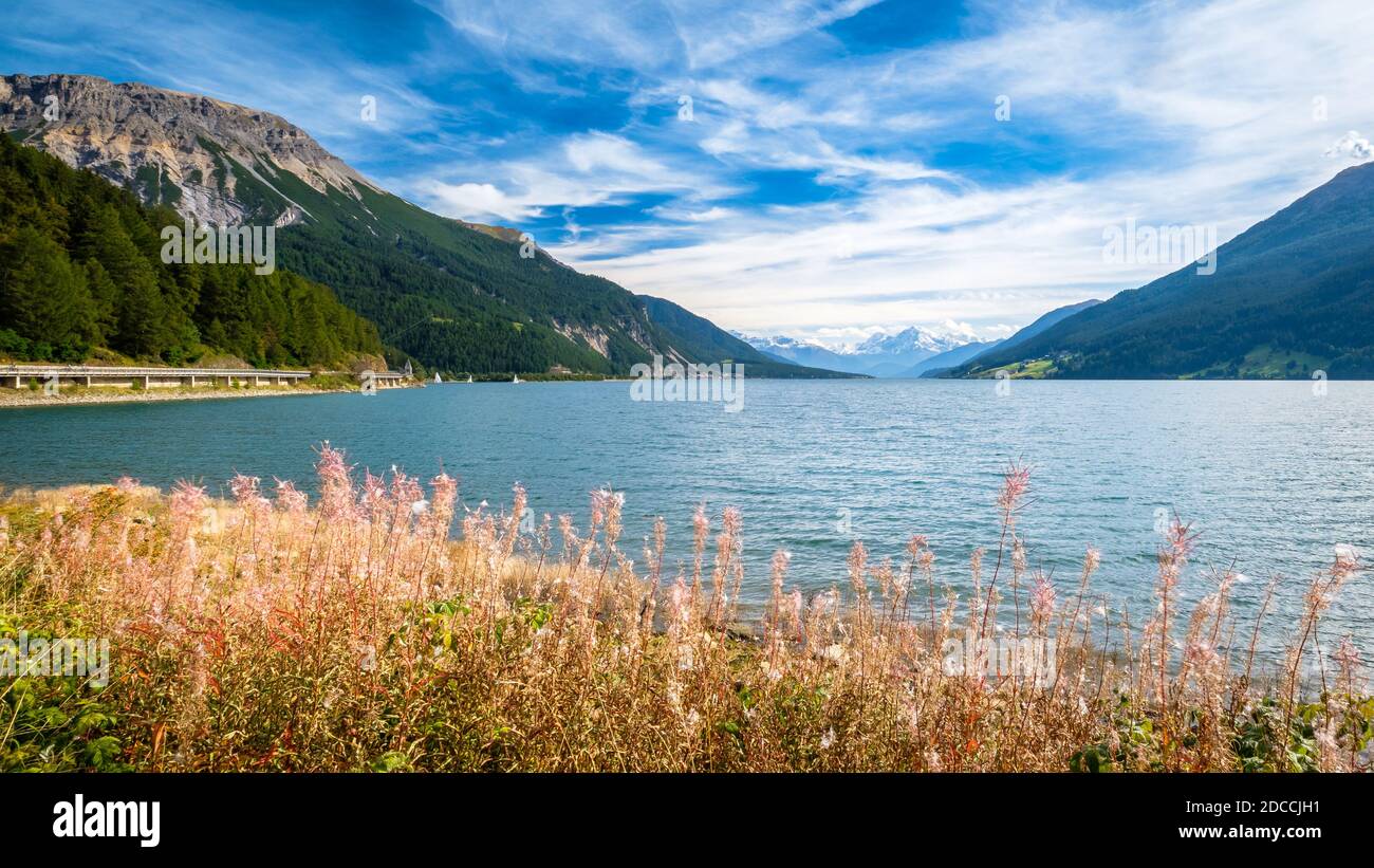 View of Lake Resia and Ortler Mountains in Val Venosta (Alto Adige ...