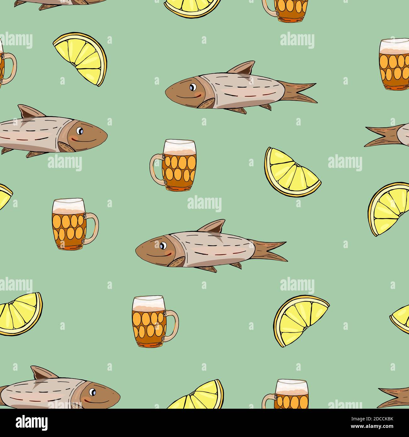 Light beer with snacks. Hand drawn cartoon style illustration. Lime and ...