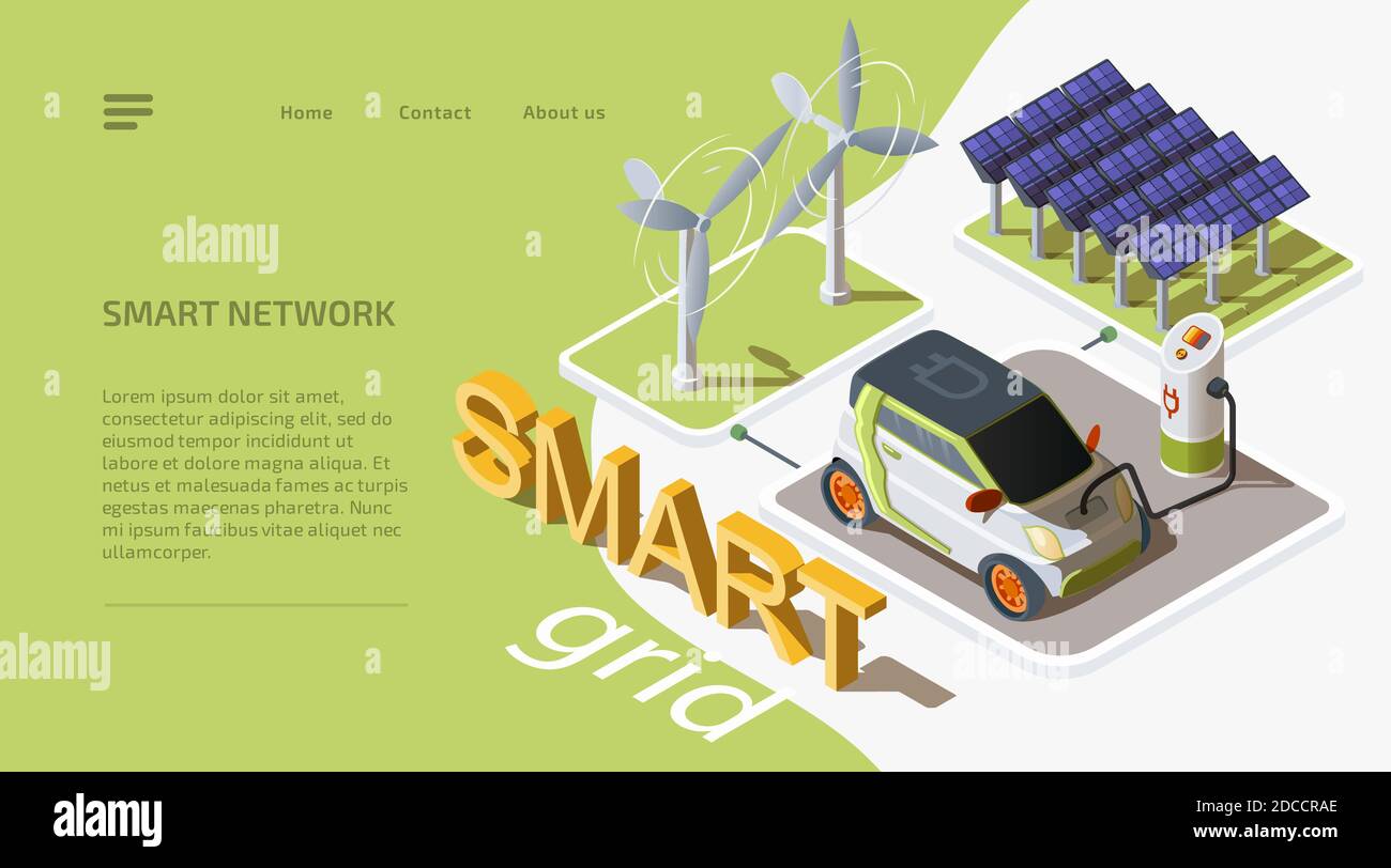 Smart grid concept. Isometric wind turbines and solar panels connected ...