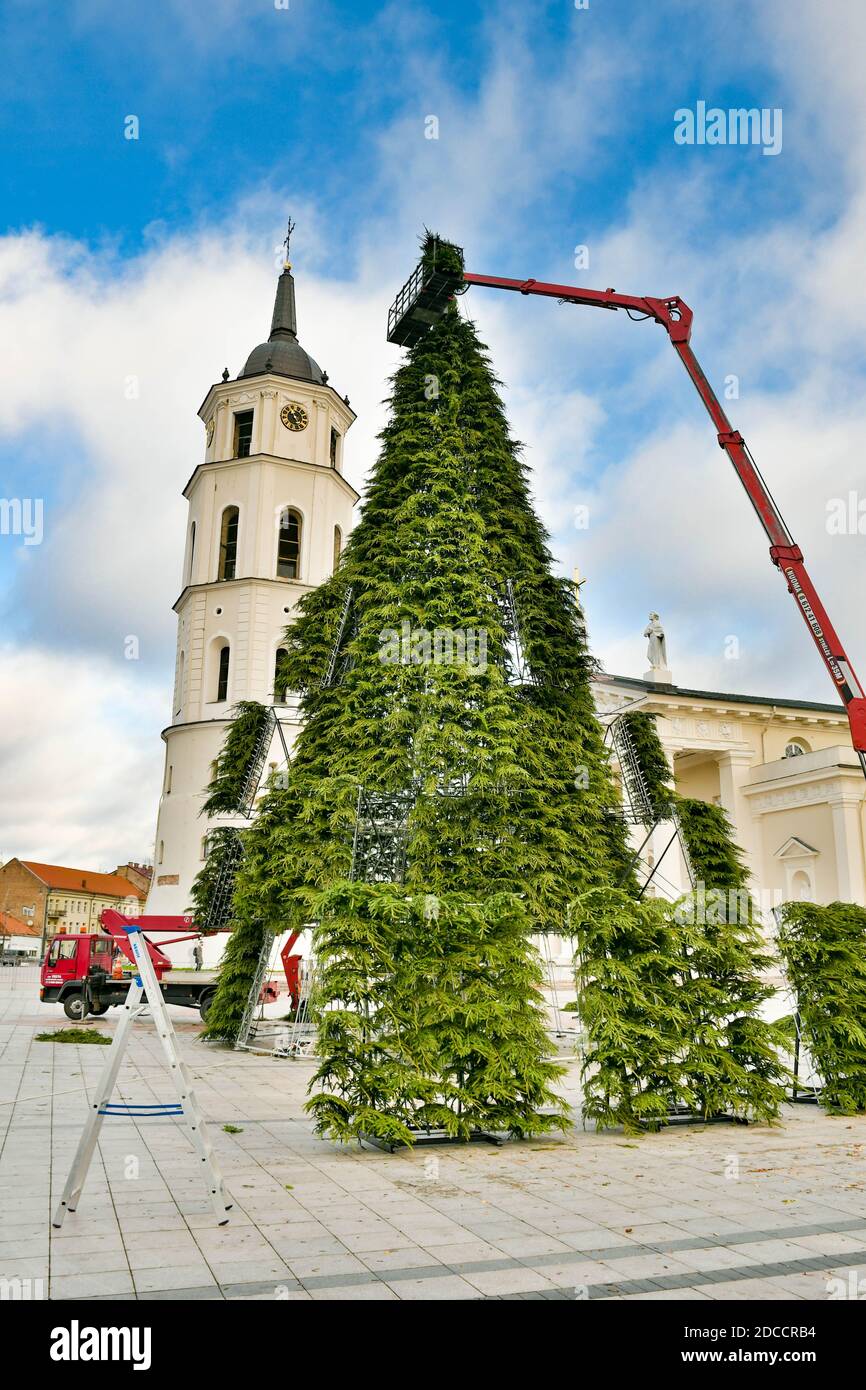 Men at work on the top of a Christmas tree, city crews begin ...
