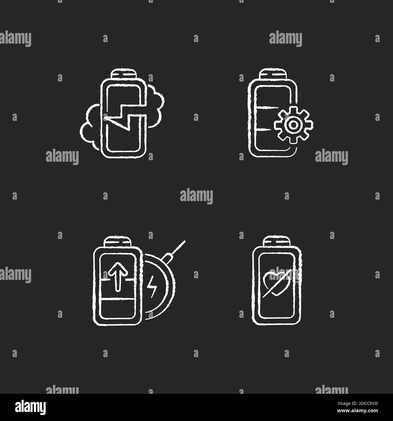 Proper battery usage chalk white icons set on black background Stock ...