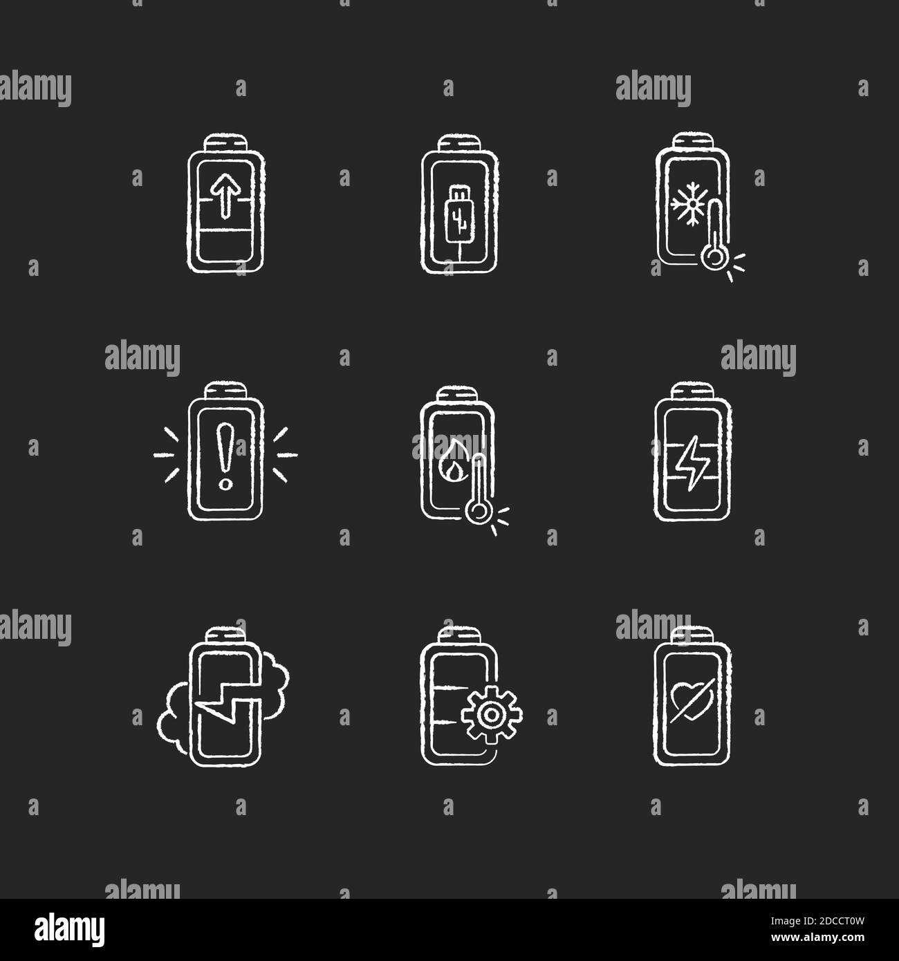 Battery problems chalk white icons set on black background Stock Vector ...