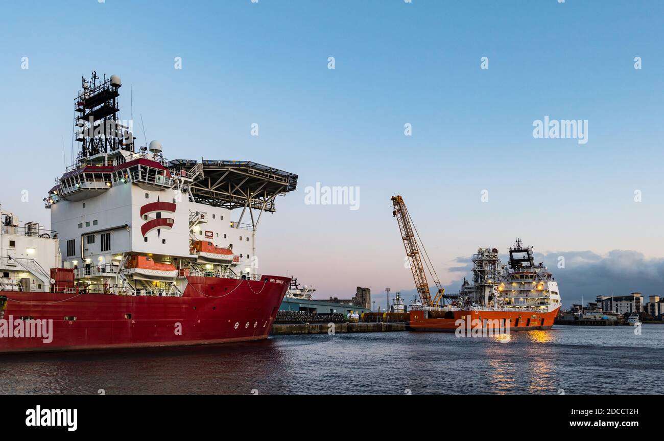 Offshore supply ships, Well Enhancer and Sea Gull, moored in Leith ...
