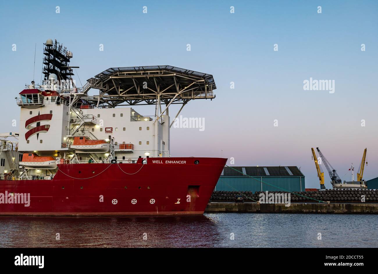 Offshore supply ship, Well Enhancer with helicopter platform, moored in ...