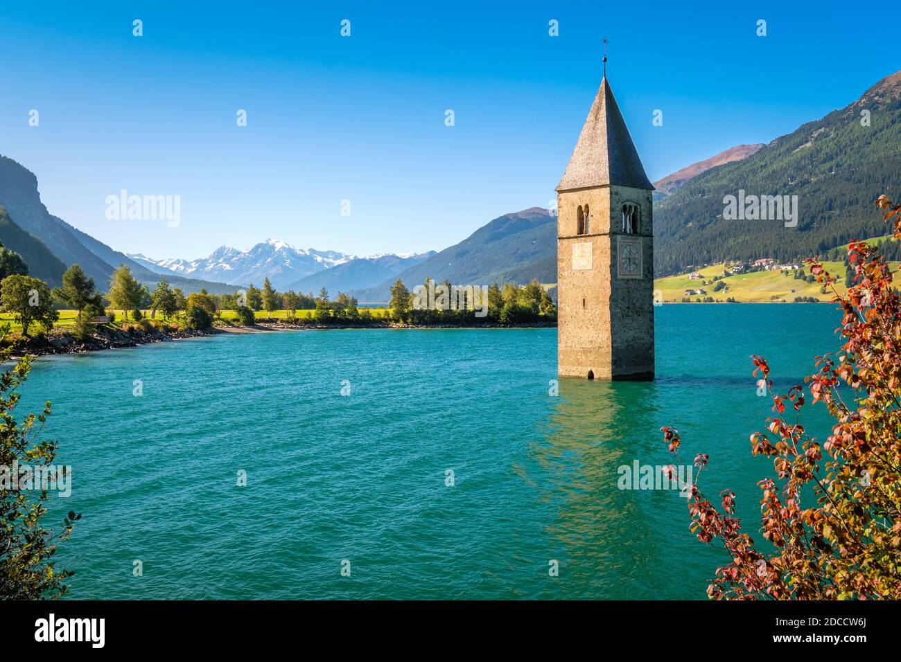 Lake Reisa (Reschensee) in Italy is famous for the tower of a 14th ...