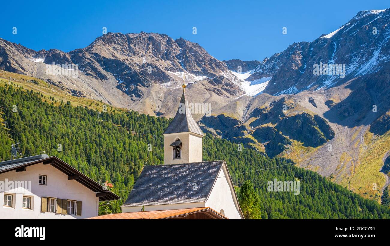 Looking at the church tower of Sulden (Italian: Solda), a mountain ...