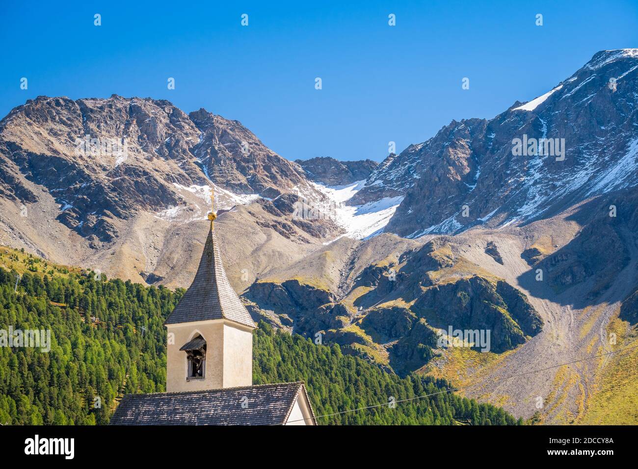 Looking at the church tower of Sulden (Italian: Solda), a mountain ...
