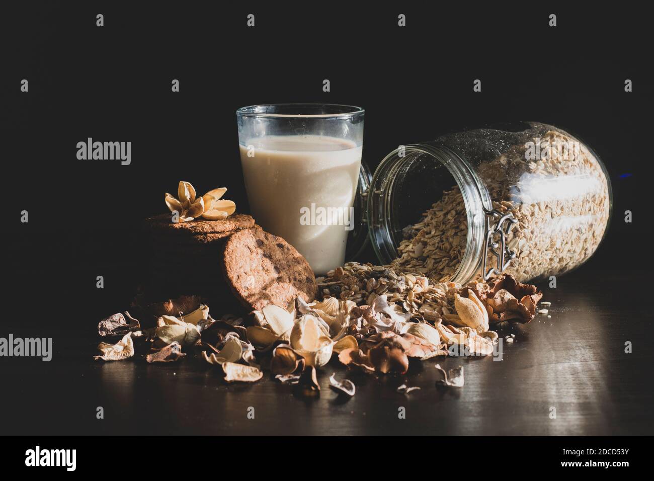 Serving healthy morning breakfast with corn flakes Whole grains muesli ...