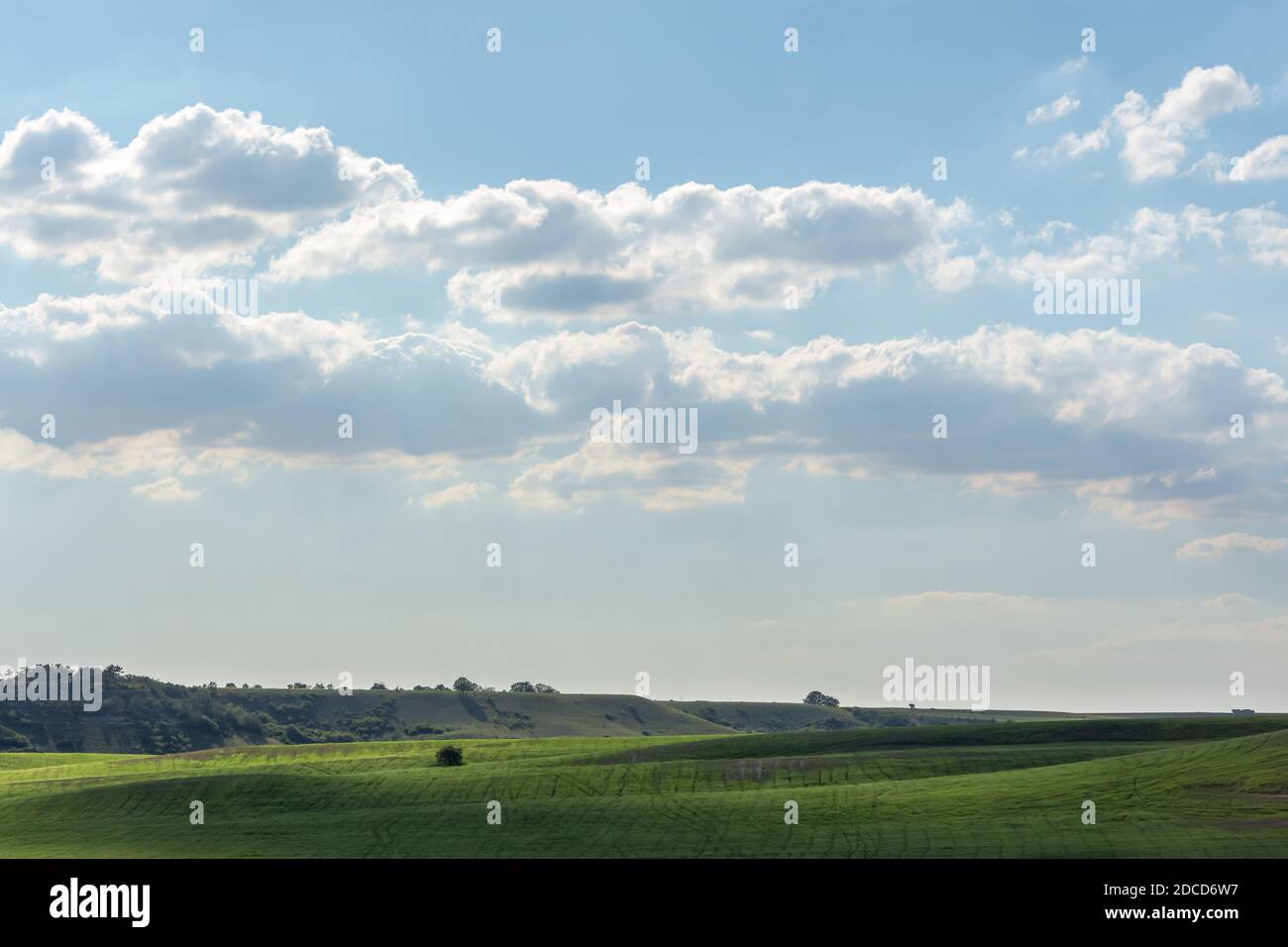 Blue sky white clouds and green field. Calm bright spring landscape ...