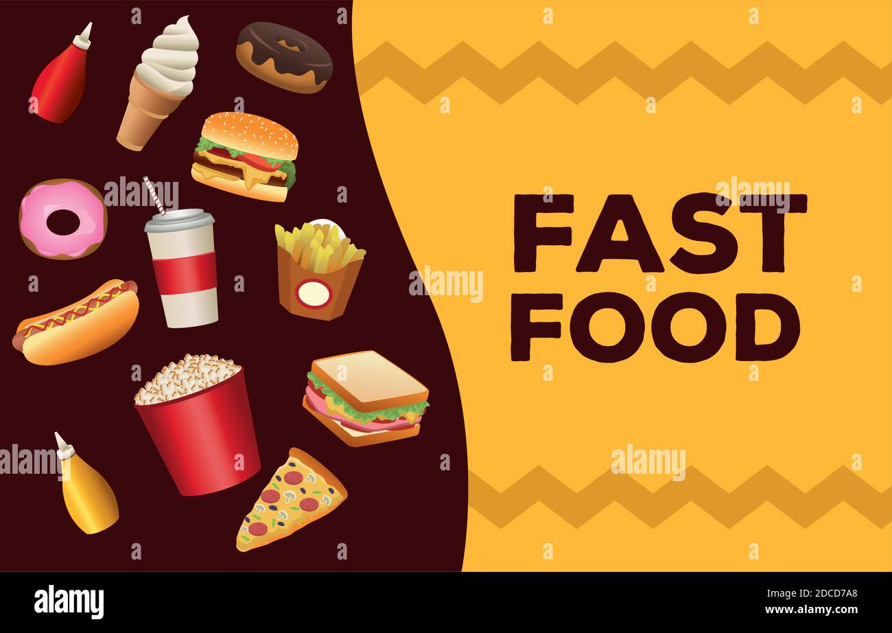 bundle of delicious fast food menu and lettering vector illustration ...