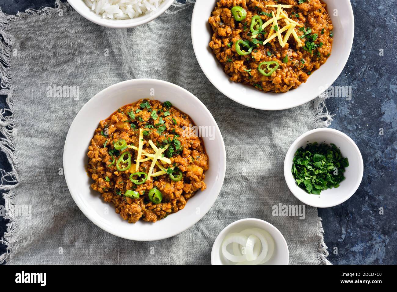 Keema curry in bowls. Indian and pakistani style dish. Top view, flat ...