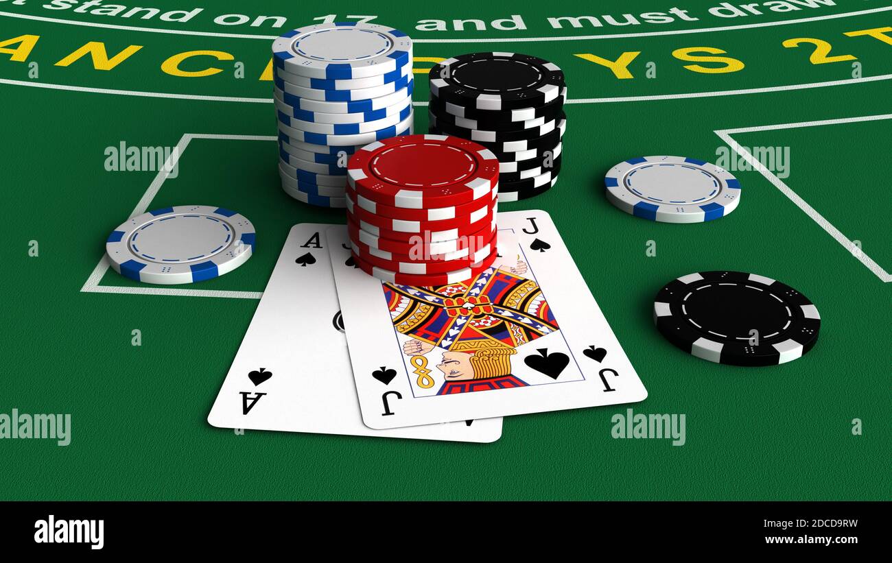 3d render of playing cards in Blackjack combination and chips Stock ...