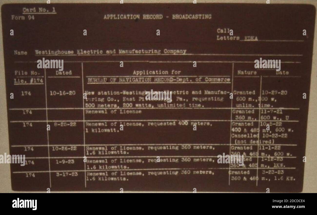 KDKA FCC History Card (PDF) application record card number 1 Stock ...