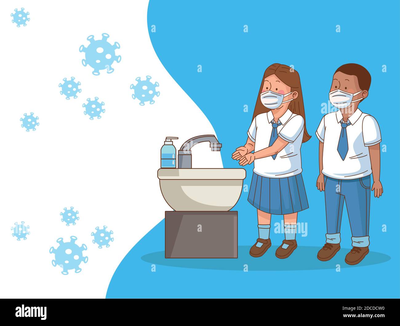covid preventive at school scene with students couple washing hands ...