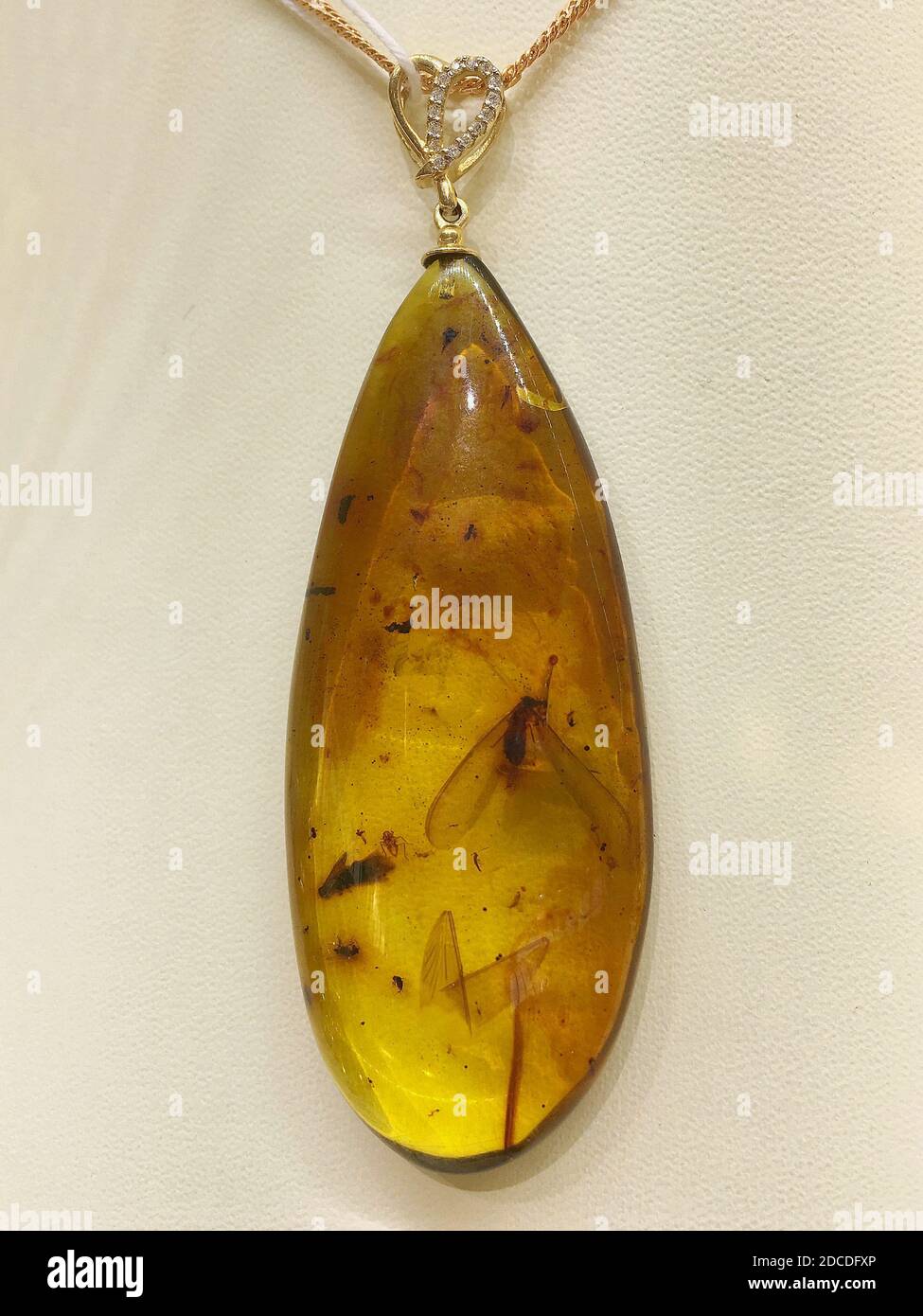 A large pendant of transparent amber with insects inside from the ...