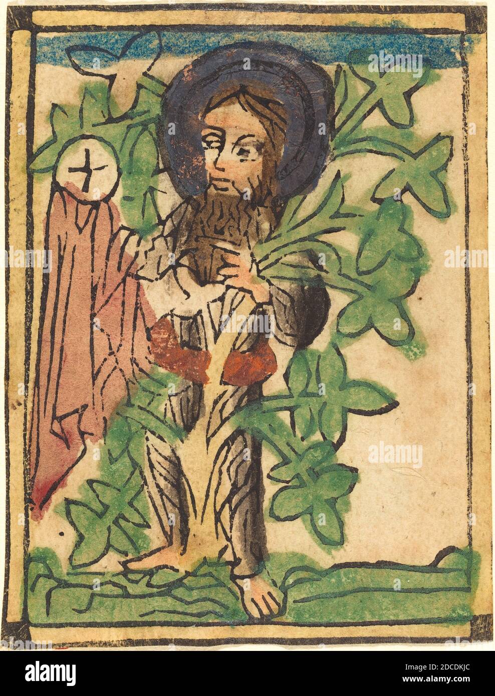 Woodcut hand colored in green rose brown black silver and yellow hi-res ...