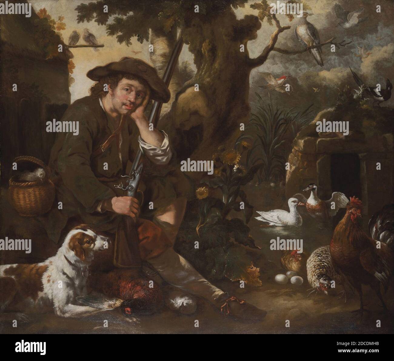 Bernhard Keil - A huntsman resting by a tree with a hound, chickens and ...
