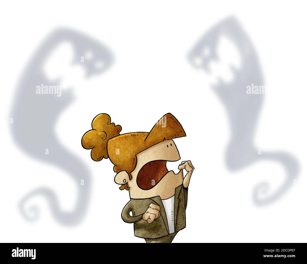 illustration of Terrified woman is afraid of two strange evil shadows ...