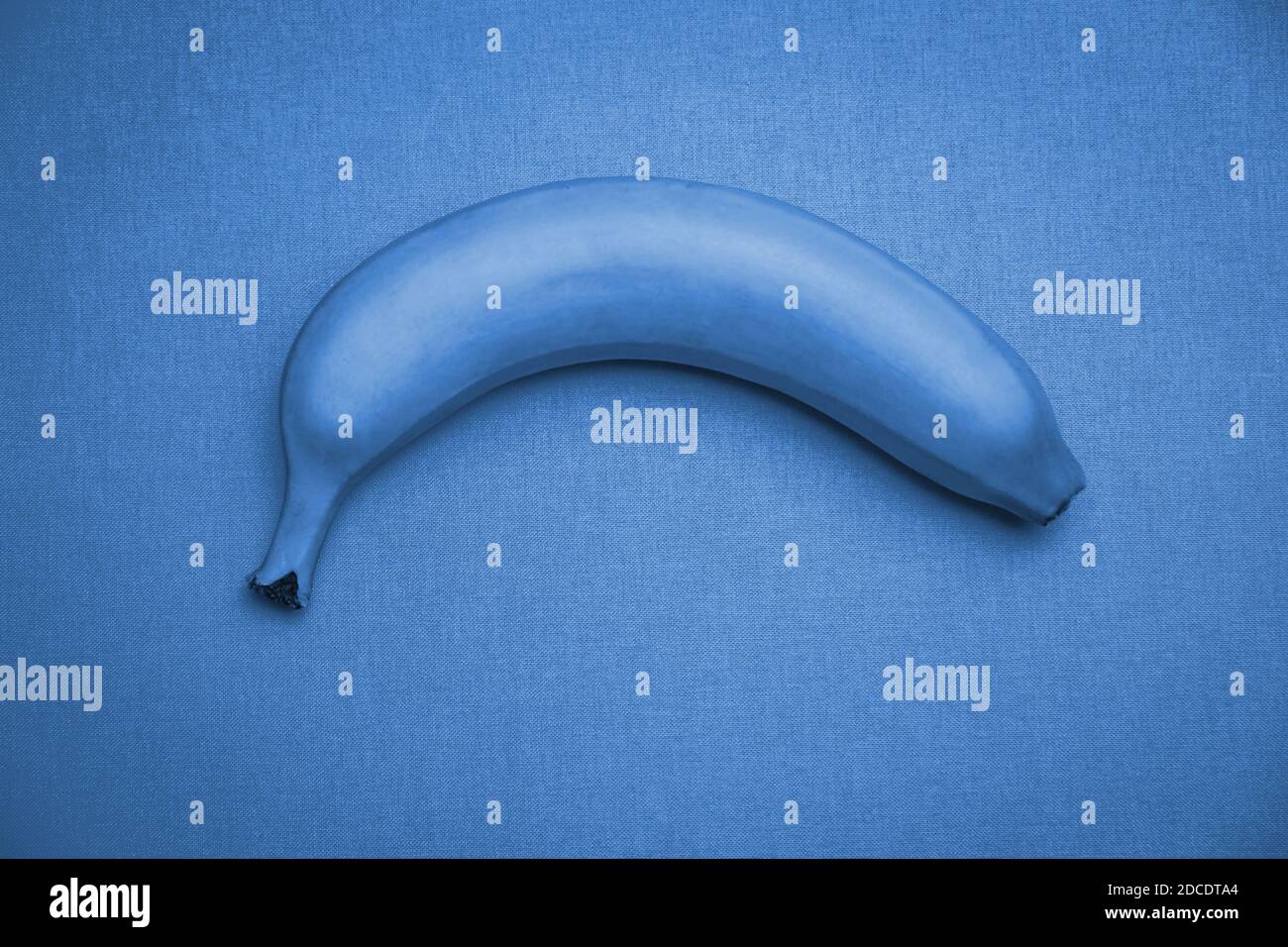 One banana in classic blue color isolated on a blue textured background ...